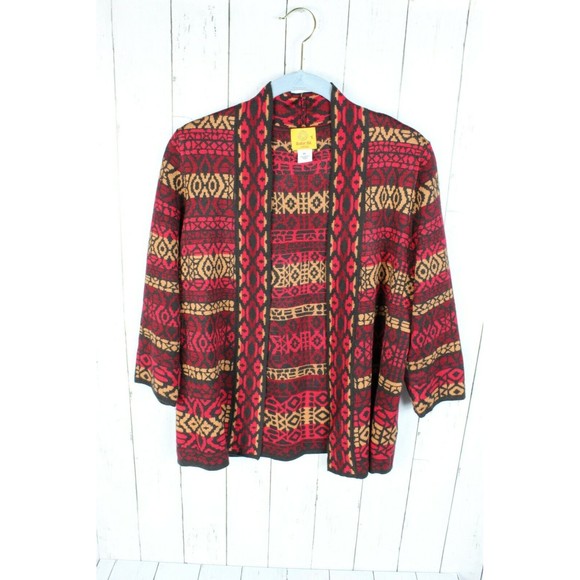 Ruby Rd. | Sweaters | Ruby Rd Petite Womens Size Pl Red Navajo Aztec 34 Sleeve Open Front ...